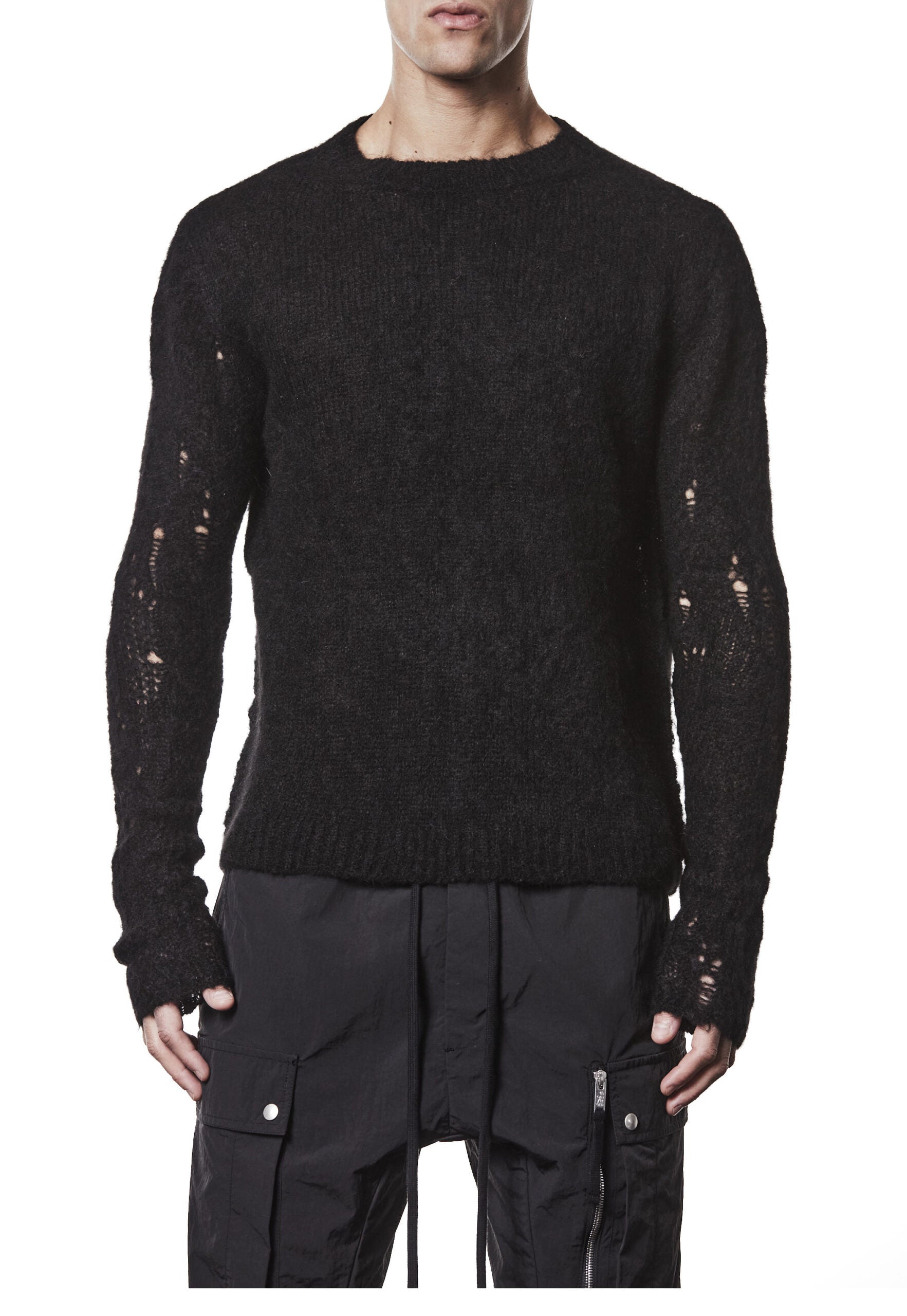 Black Destroyed Sleeves Crew Neck Sweater MK 122 – The Archive
